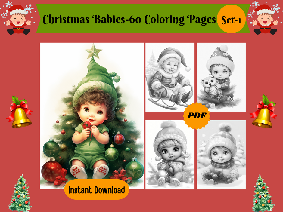 60 Christmas Babies Set 1-Printable Grayscale Coloring Pages, Digital