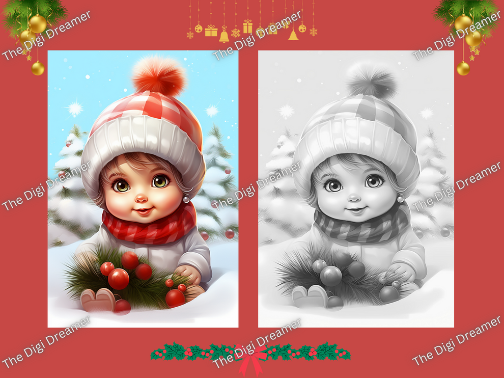 60 Christmas Babies Set 1-Printable Grayscale Coloring Pages, Digital