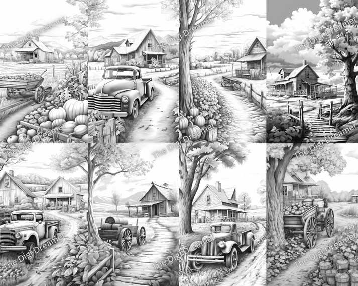 Fall Coloring Pages-Printable Grayscale Coloring Pages, Digital downlo